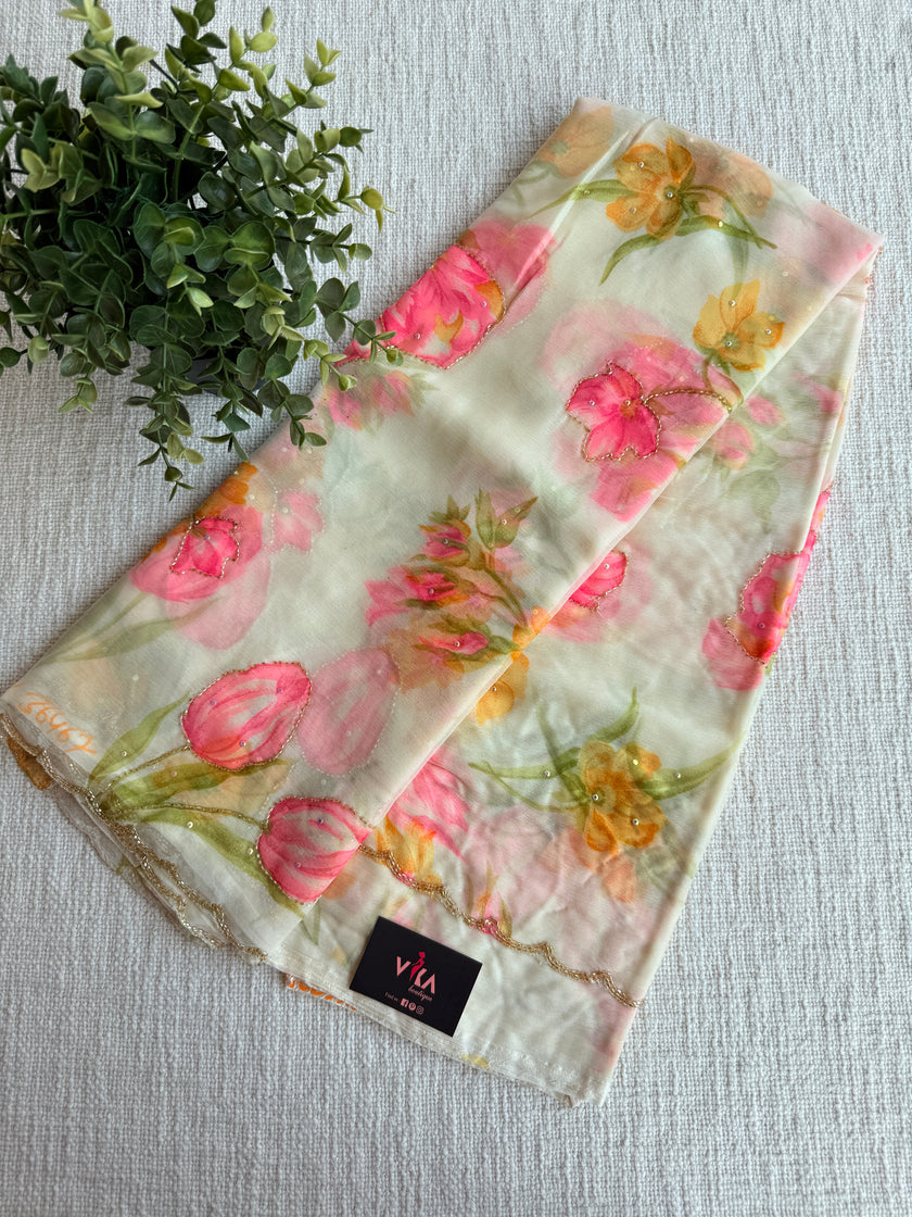 Cut dana work Floral printed chiffon saree – VIKA Boutique