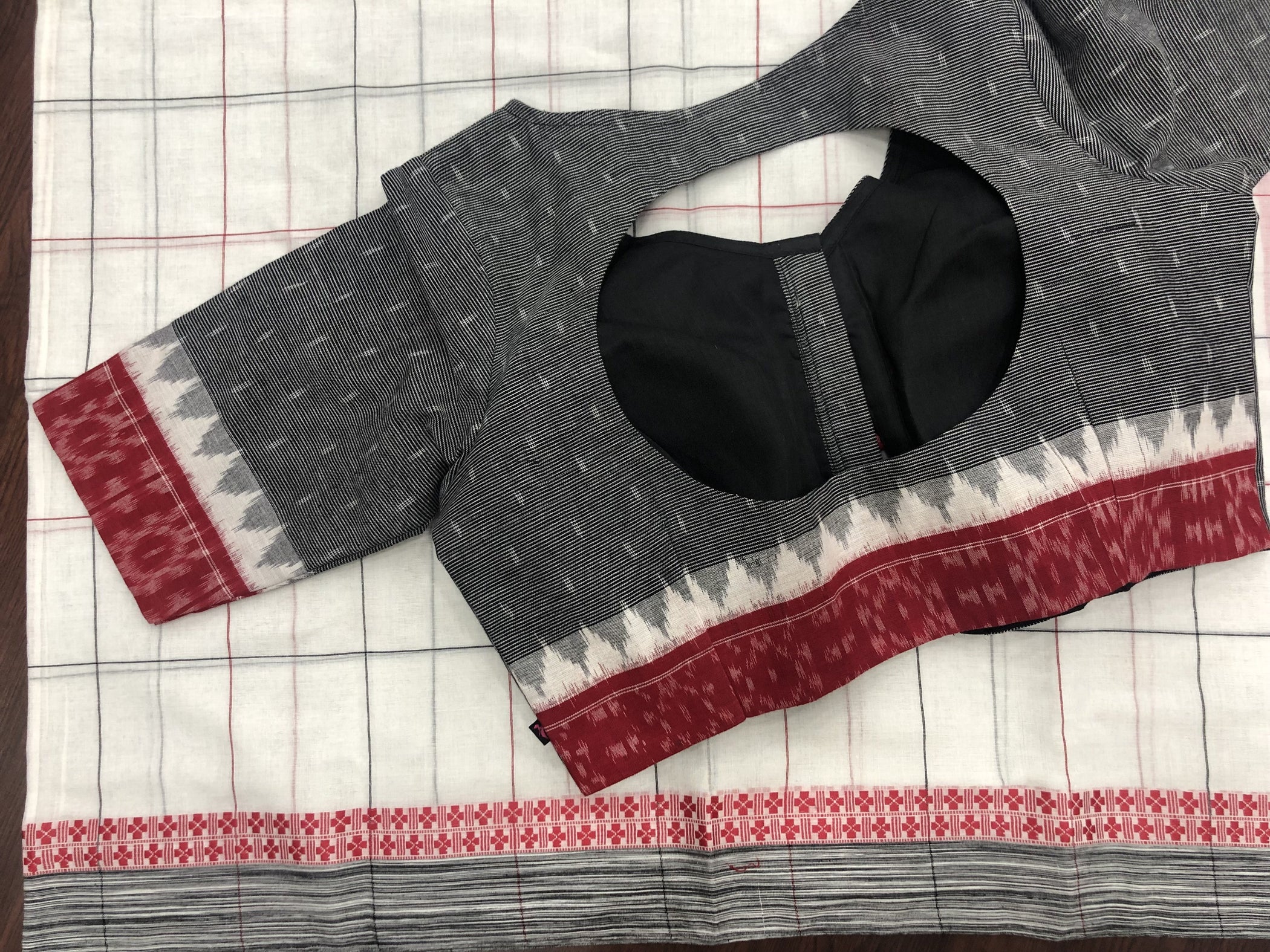 Grey/Red Temple border Ikat blouse – VIKA Boutique